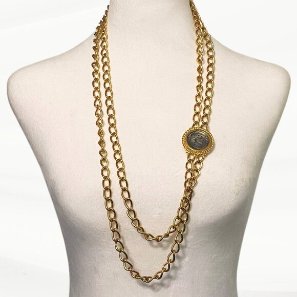 Unknown | Jewelry | Chunky Gold Double Tiered Chain Medallion Necklace ...
